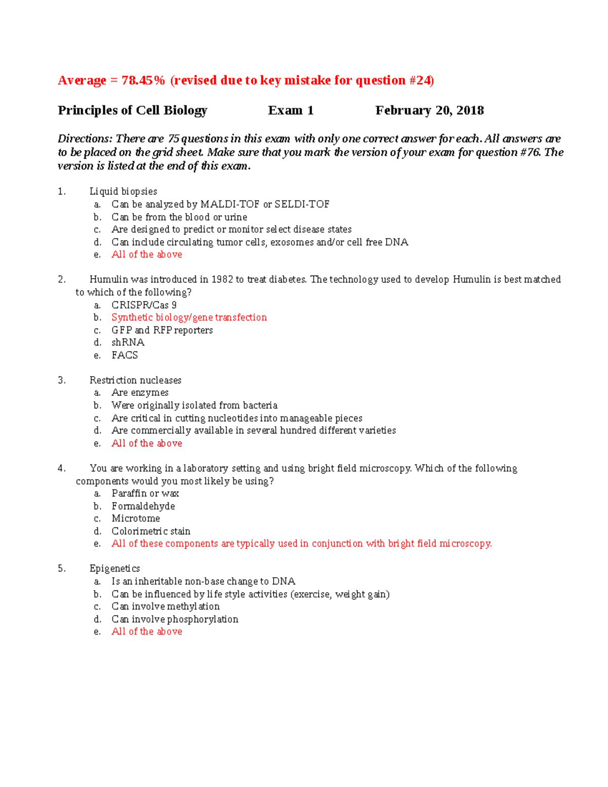 Principles of Cell Biology Exam 1 Key (Spring 2018) Revision - Studocu