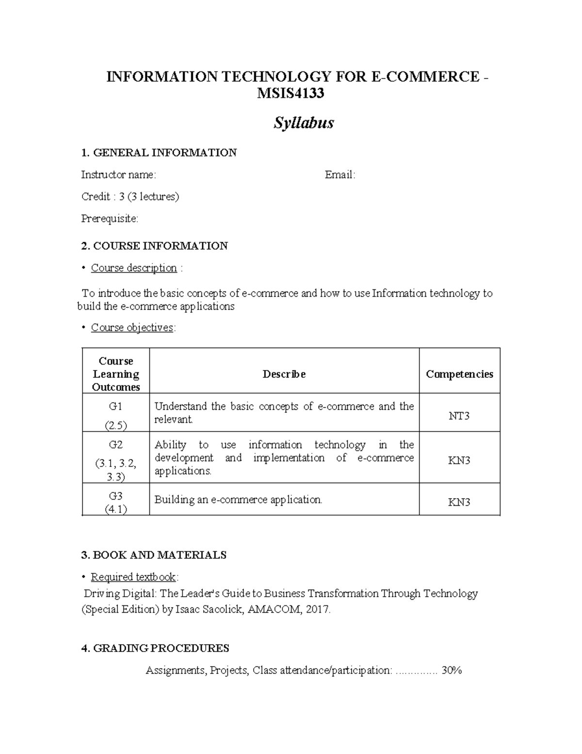 Information Technology for E-Commerce - MSIS4133 Syllabus - Studocu
