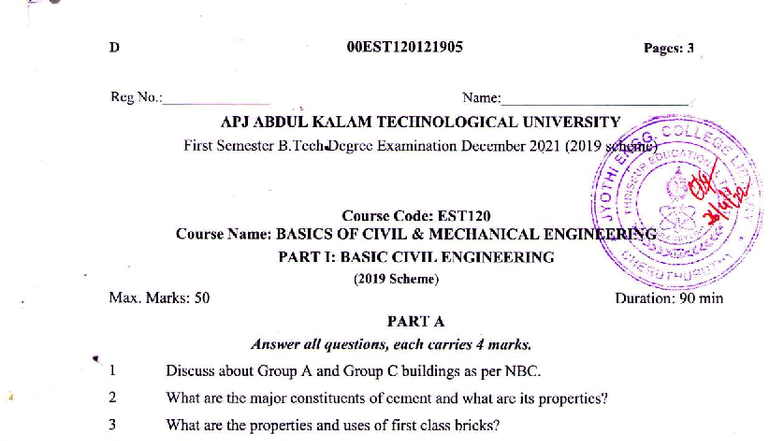 EST120 Basics of Civil & Mechanical Engineering Exam Dec 2021 - Studocu