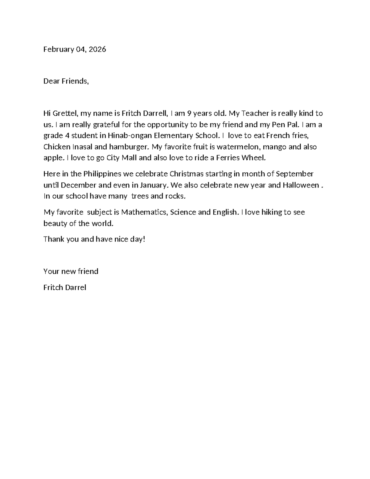 PEN PAL Letters from Grade 4 & 5 Students - Feb 2026 - Studocu
