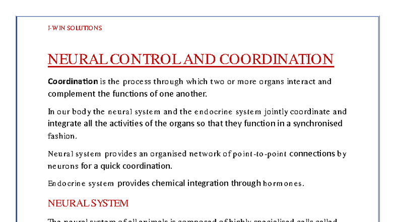 Neural Control and Coordination: Key Revision Points for Study - Studocu