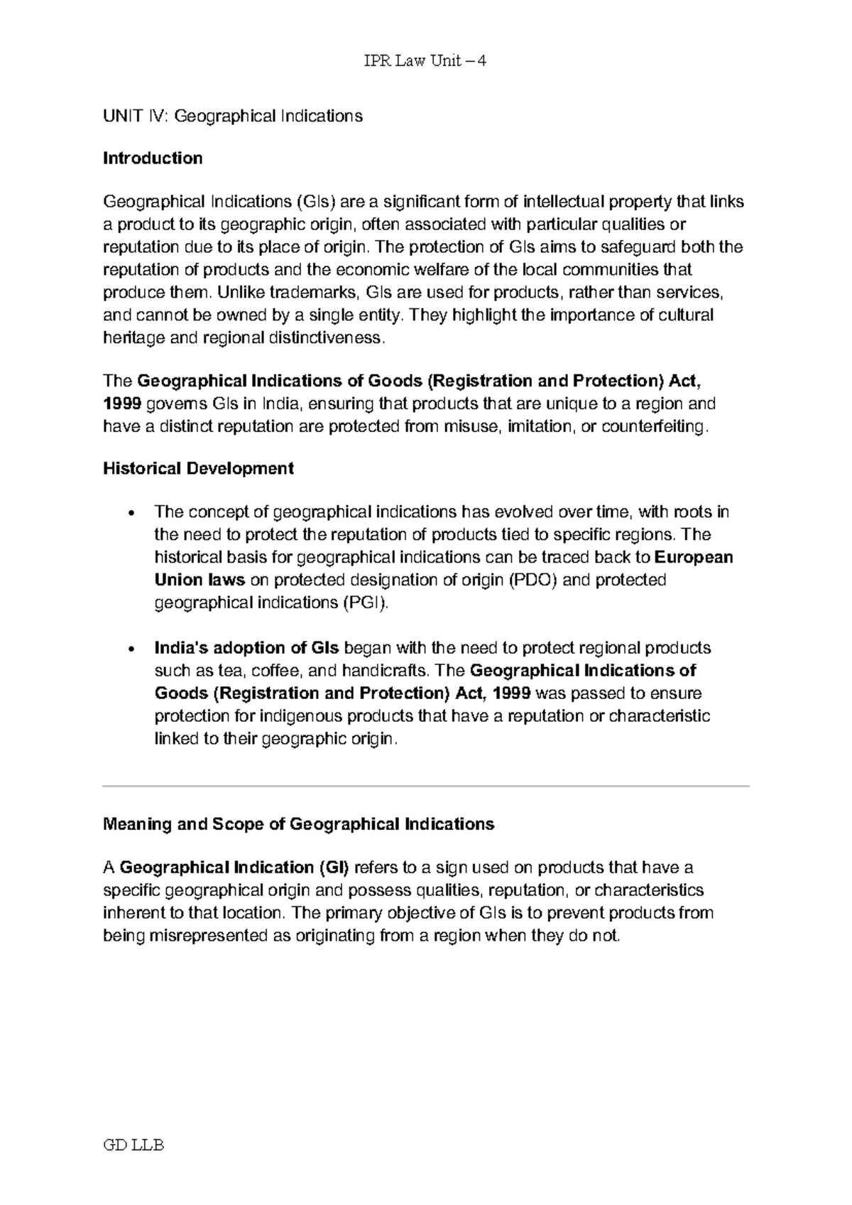IPR Law - Unit IV - Understanding Geographical Indications - Studocu