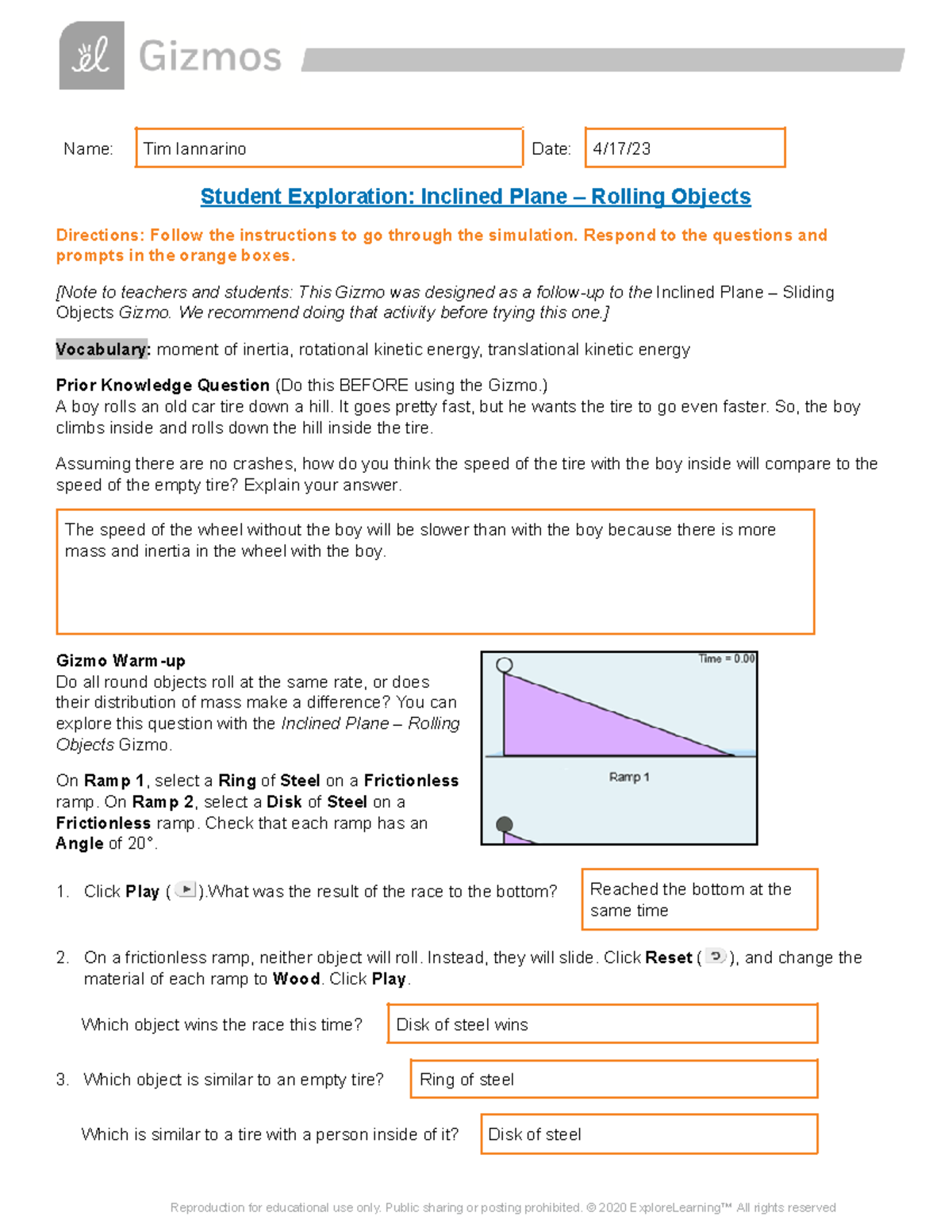 Final Exam: Inclined Plane Rolling Objects Gizmo Exploration - Studocu