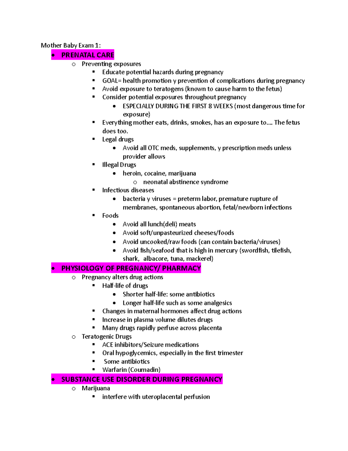 Mother Baby Exam 1: Key Insights on Prenatal Care & Nutrition - Studocu