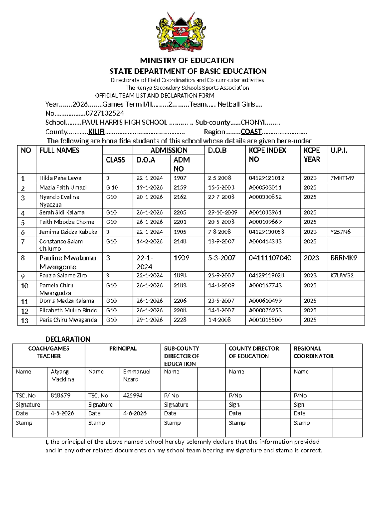 Official Team List & Declaration Form - Harris High School - Studocu