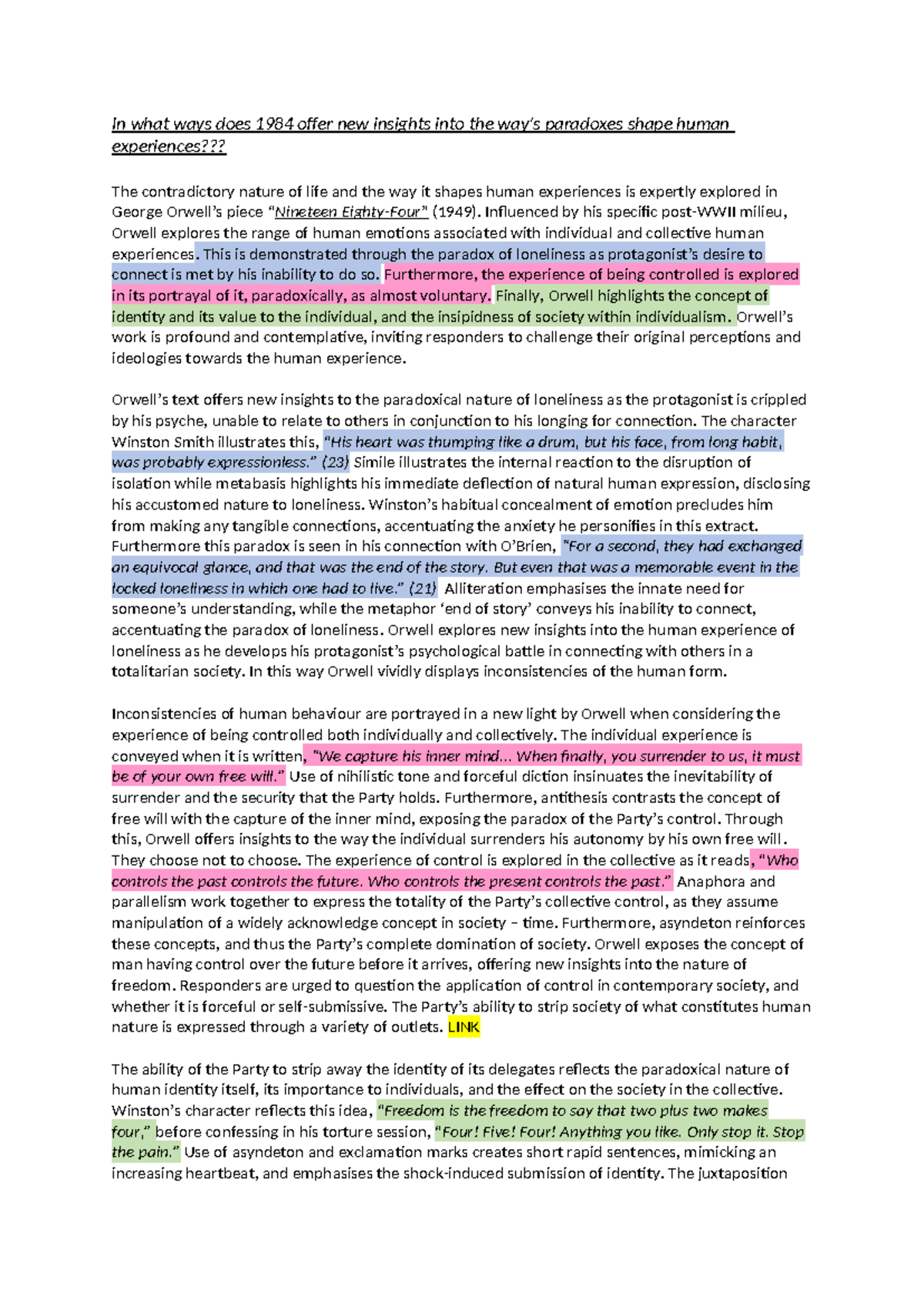 Insights into Human Experience in Orwell's 1984: An Essay Analysis ...