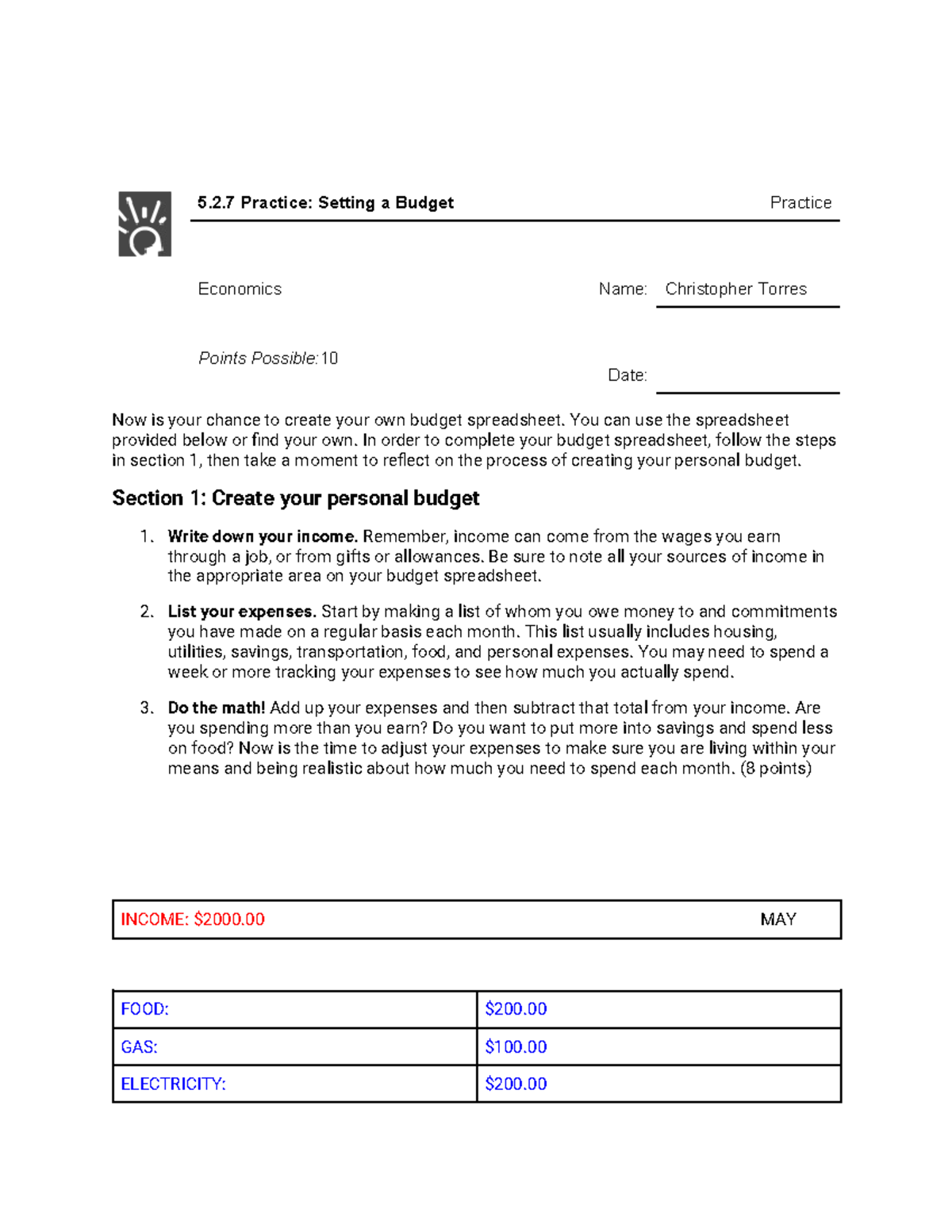 Economics 5.2.7: Budget Spreadsheet Practice Guide - Studocu