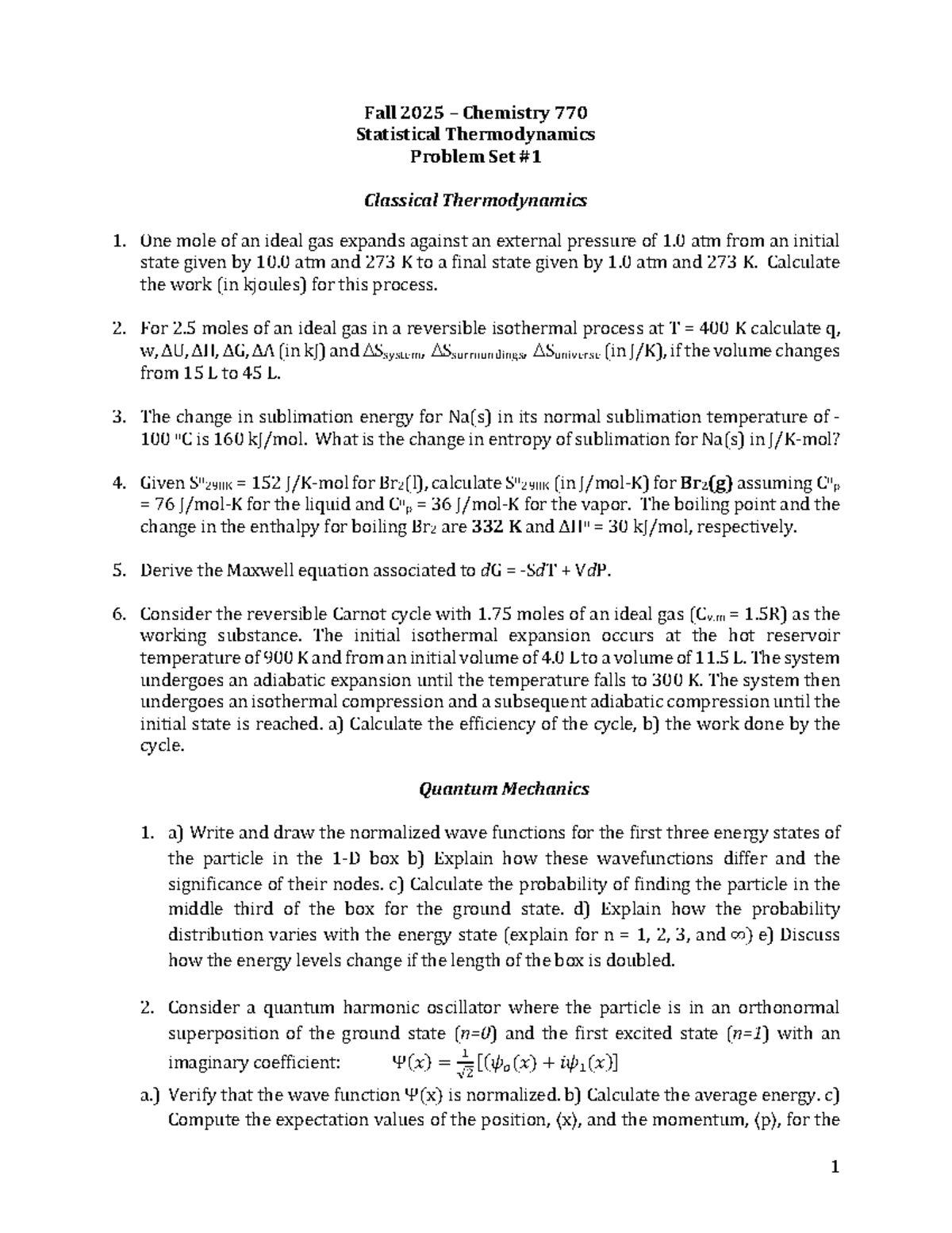 Fall 2025 Chem 770 Problem Set: Statistical Thermodynamics & Quantum ...
