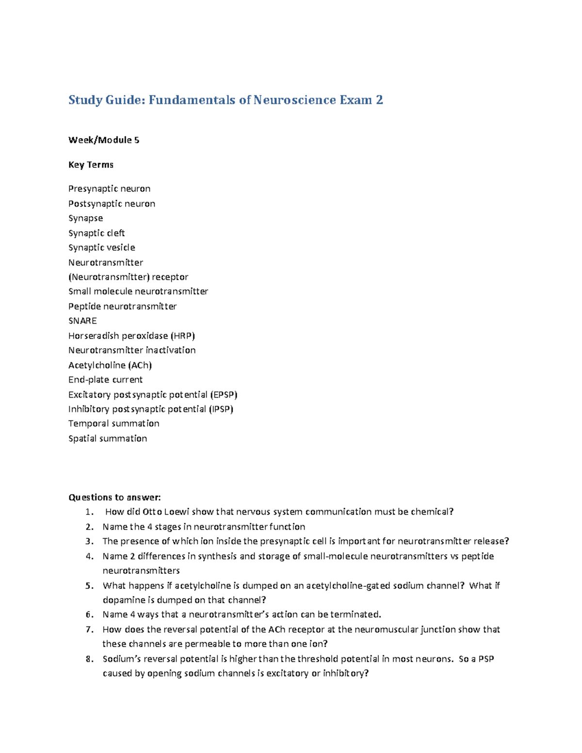 Study Guide: Fundamentals of Neuroscience Exam 2 S23 - Studocu