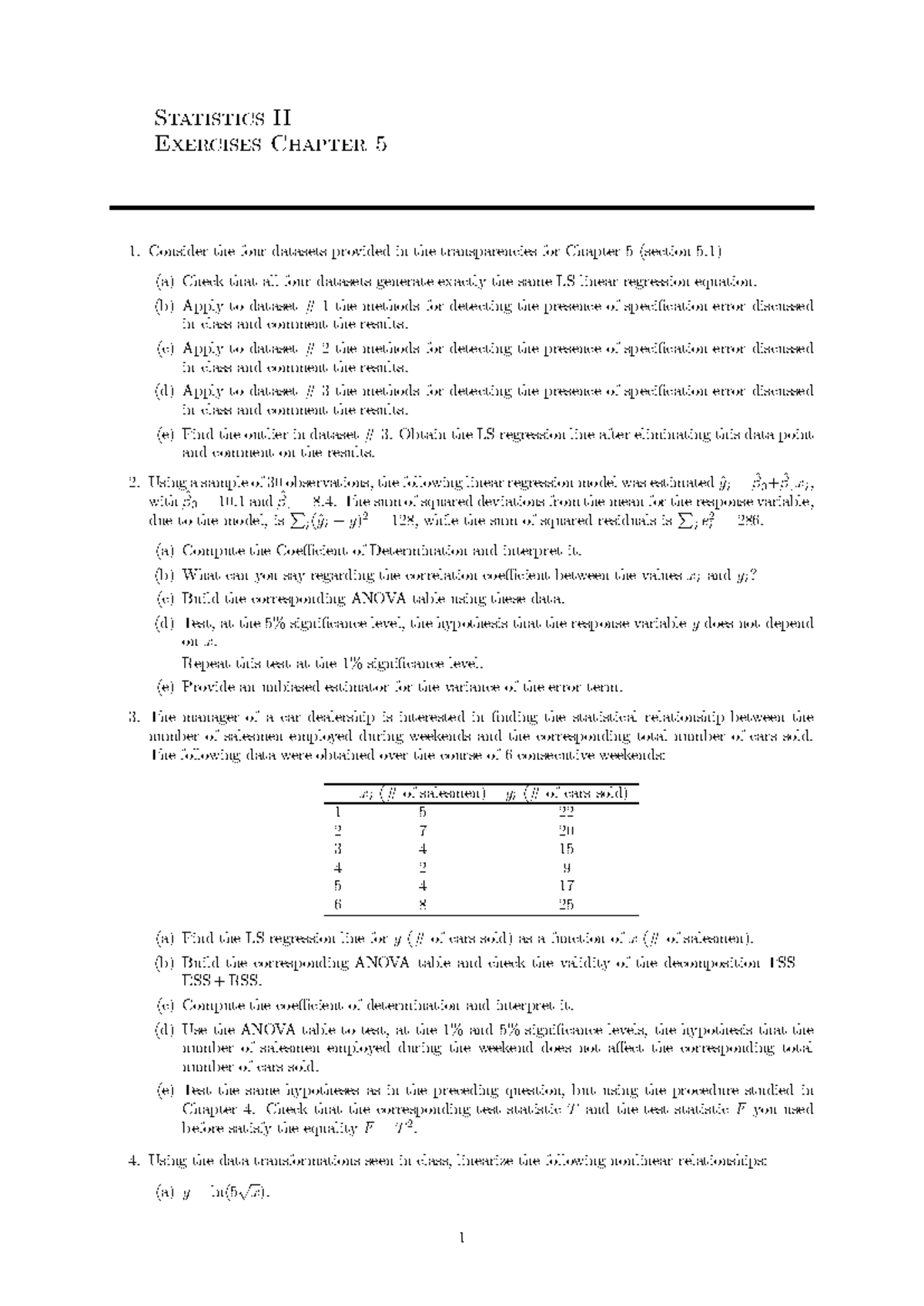 Statistics II Exercises: Chapter 5 Analysis and Regression Techniques ...