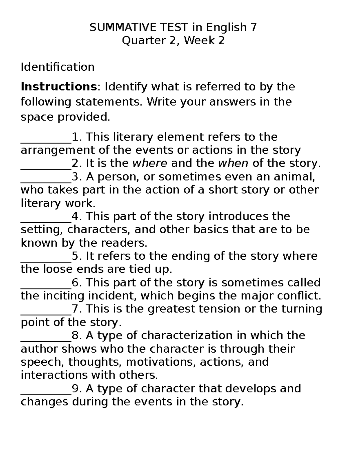 Summative Test in English 7 - Quarter 2, Week 1 Identification - Studocu