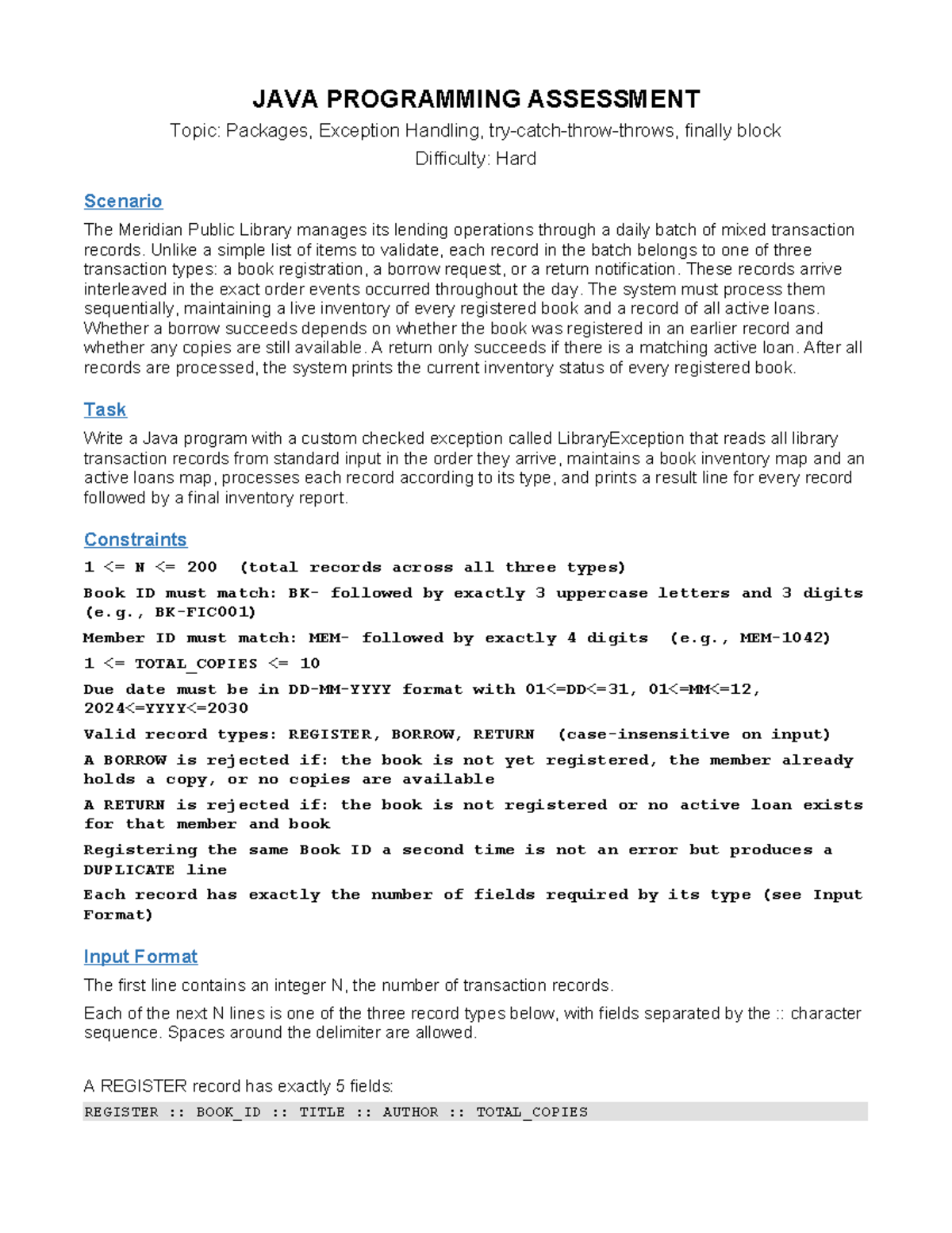 Java Assessment Q7: Library Lending System with Exception Handling ...