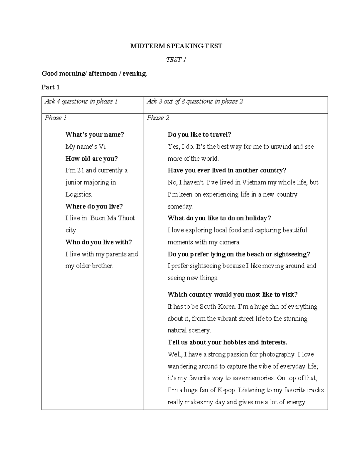 MIDTERM SPEAKING TEST 1: Practice Questions and Answers - Studocu