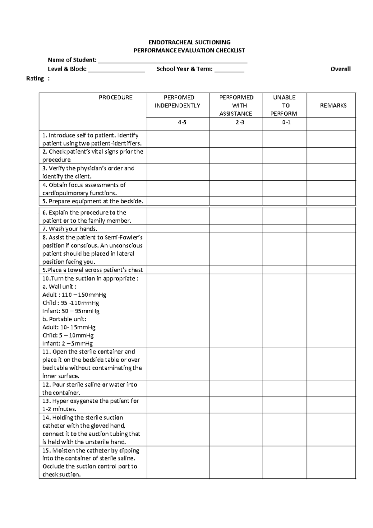 RLE 101 Endotracheal Suctioning Performance Evaluation Checklist - Studocu