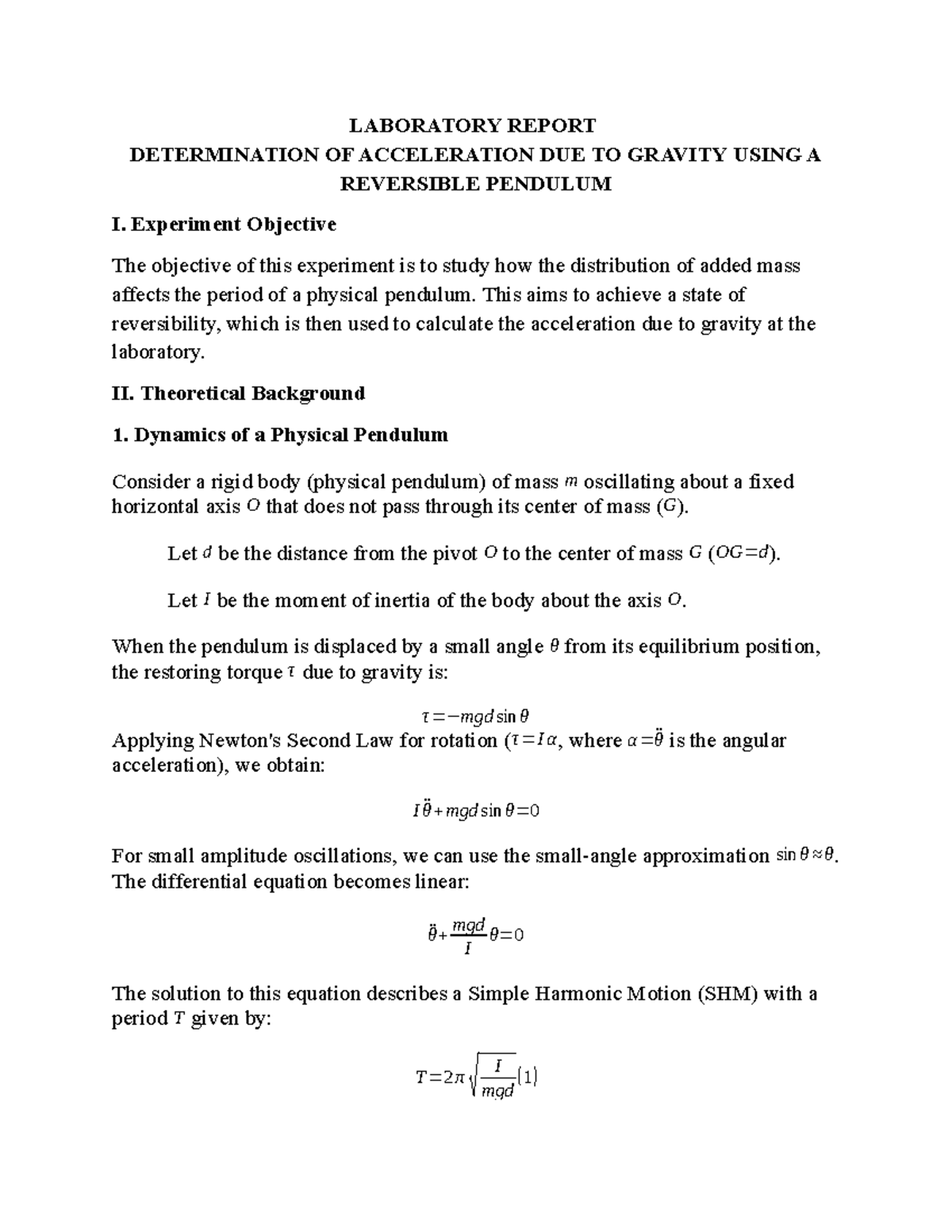 LAB REPORT: DETERMINATION OF g USING A REVERSIBLE PENDULUM - Studocu