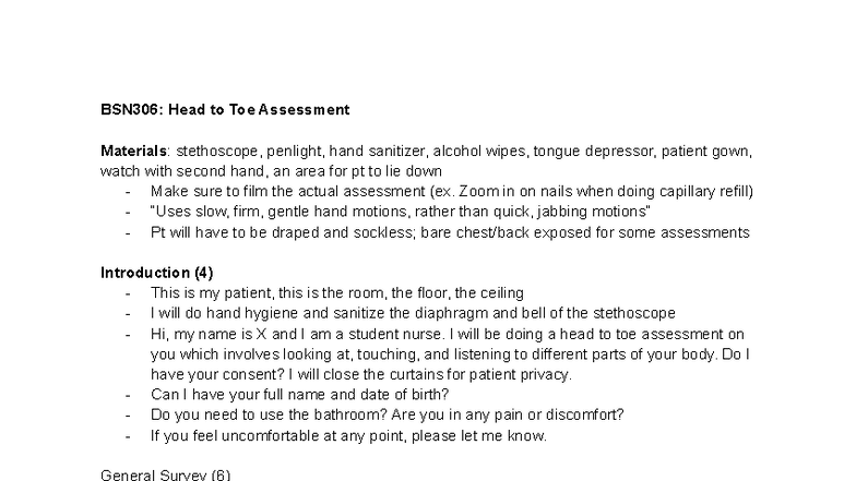 BSN306: Comprehensive Head to Toe Assessment Guide - Studocu