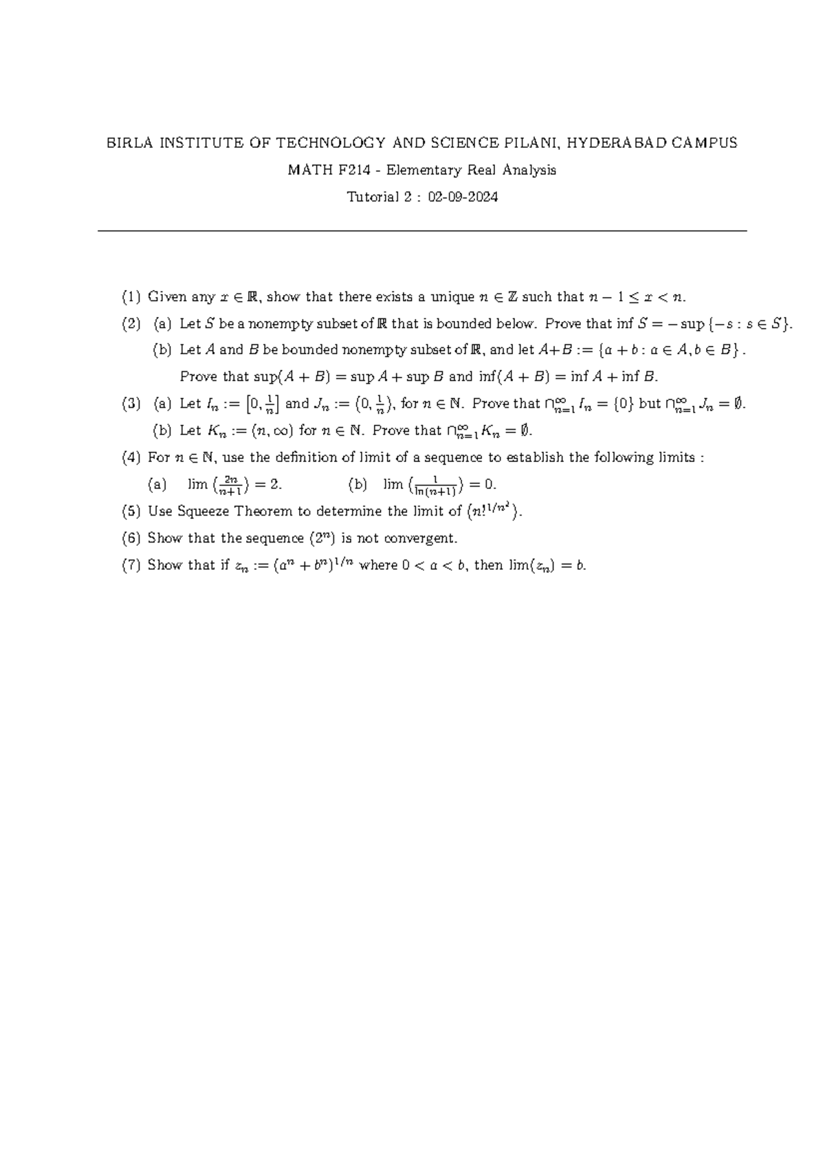 MATH F214 - Tutorial 2: Key Concepts in Real Analysis - Studocu