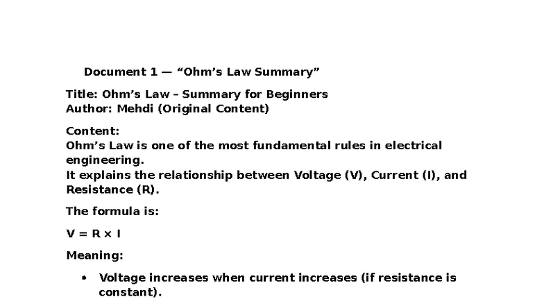 Ohm’s Law Summary - It explains the relationship between Voltage (V ...