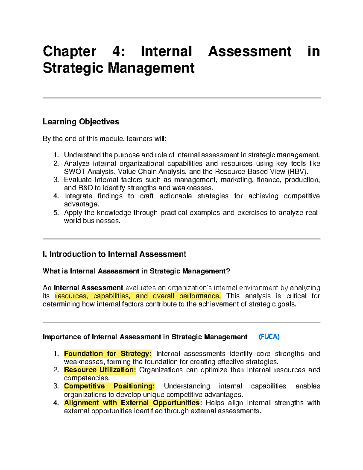 Chapter 4: Internal Assessment in Strategic Management (SM 101) - Studocu
