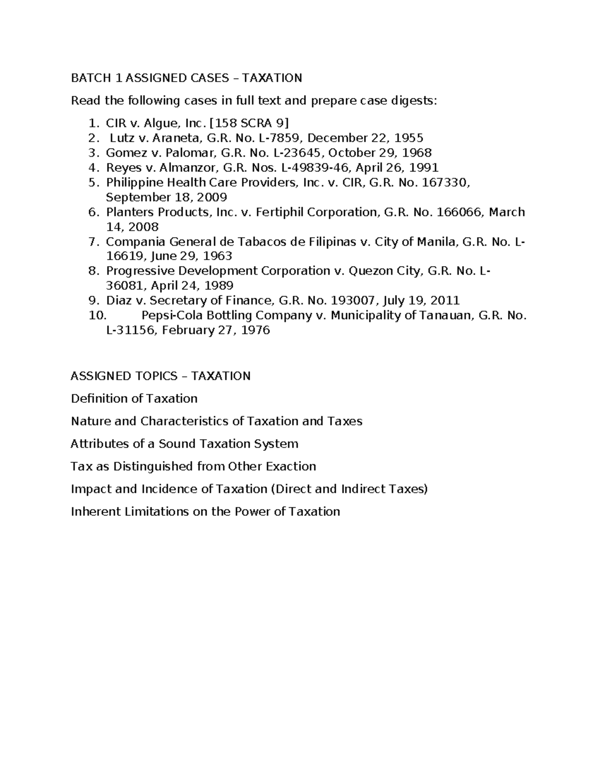 BATCH 1 CASE DIGESTS ON TAXATION: KEY CASES & TOPICS - Studocu