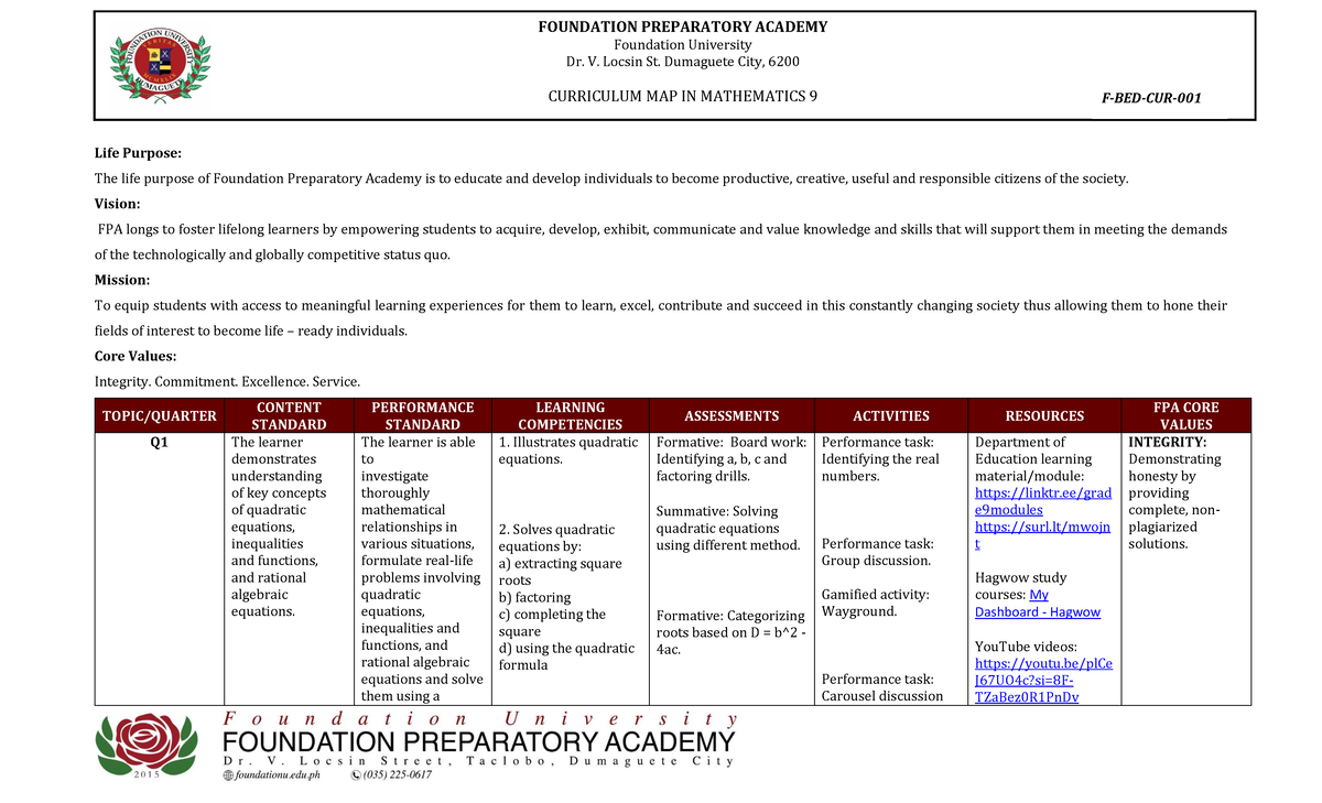 MATH 9 - Comprehensive Curriculum Map for Quadratics and Geometry - Studocu