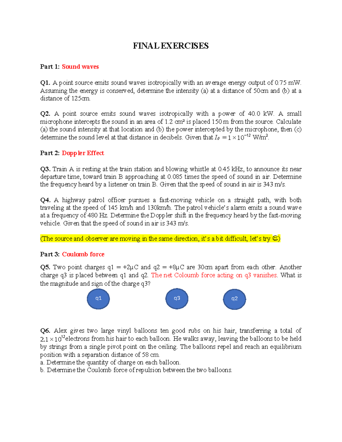 Phys4BT Final Exercises: Sound Waves, Doppler Effect & Coulomb Force ...