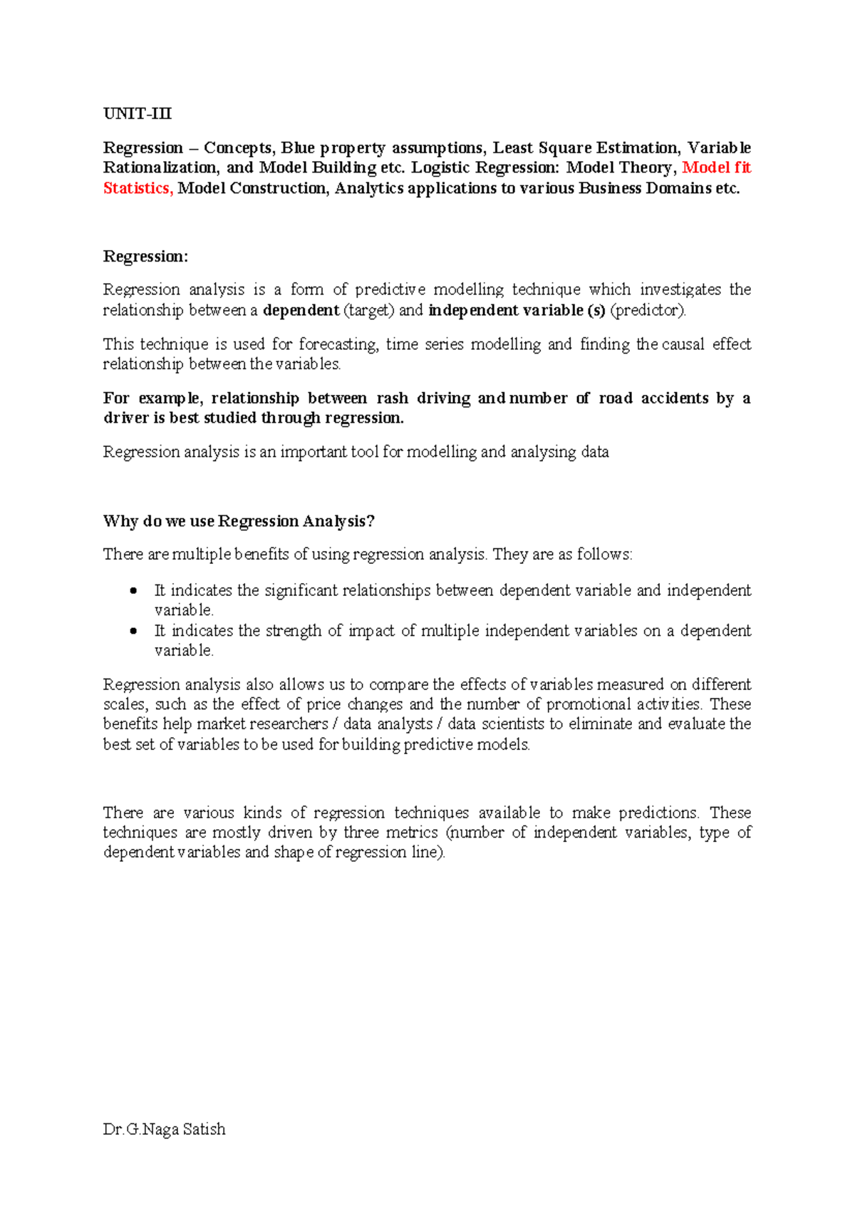 DATA Analytics - UNIT III: Regression Techniques and Applications - Studocu