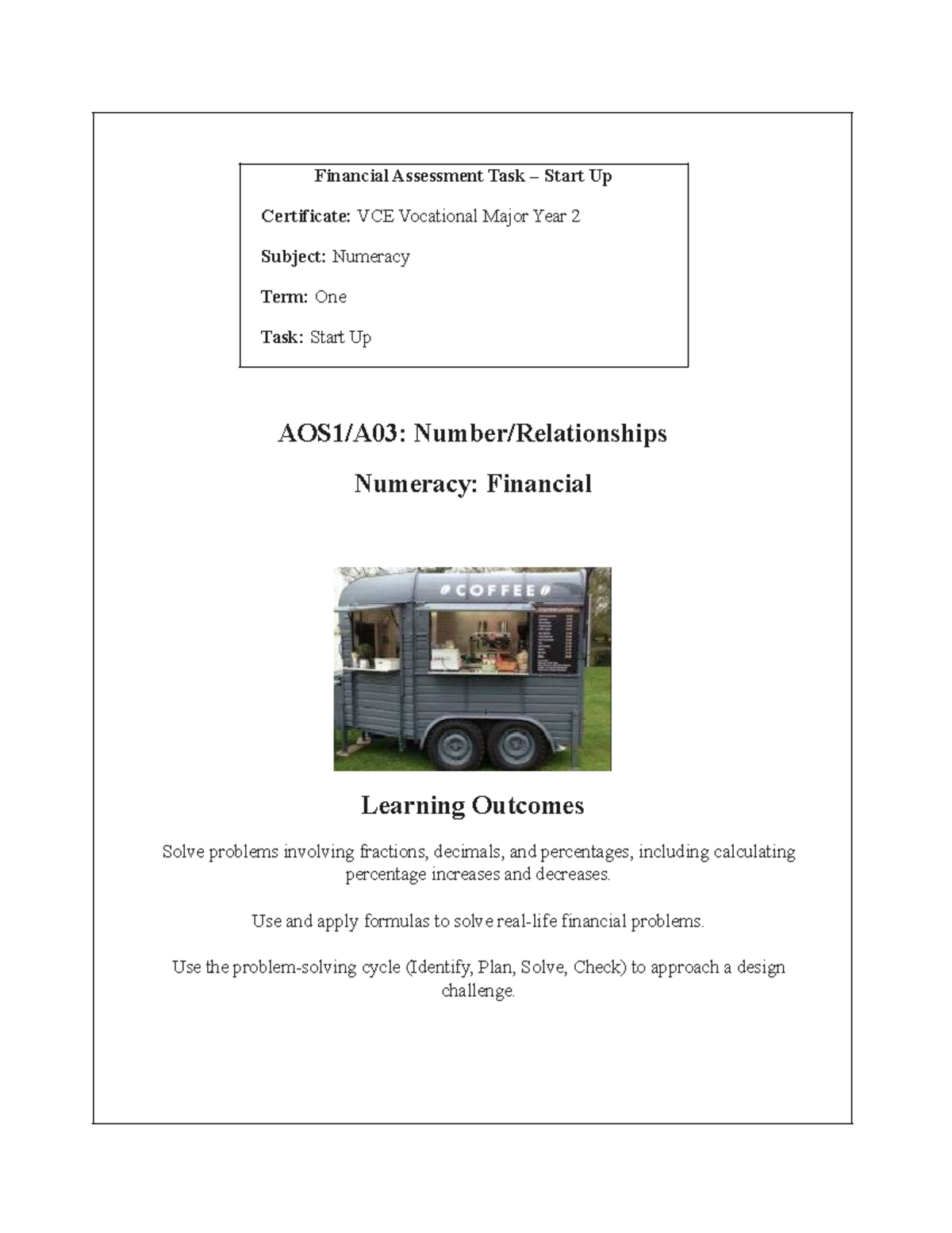 VCE VM Numeracy Unit 3: Start Up Coffee Business Investigation Task ...