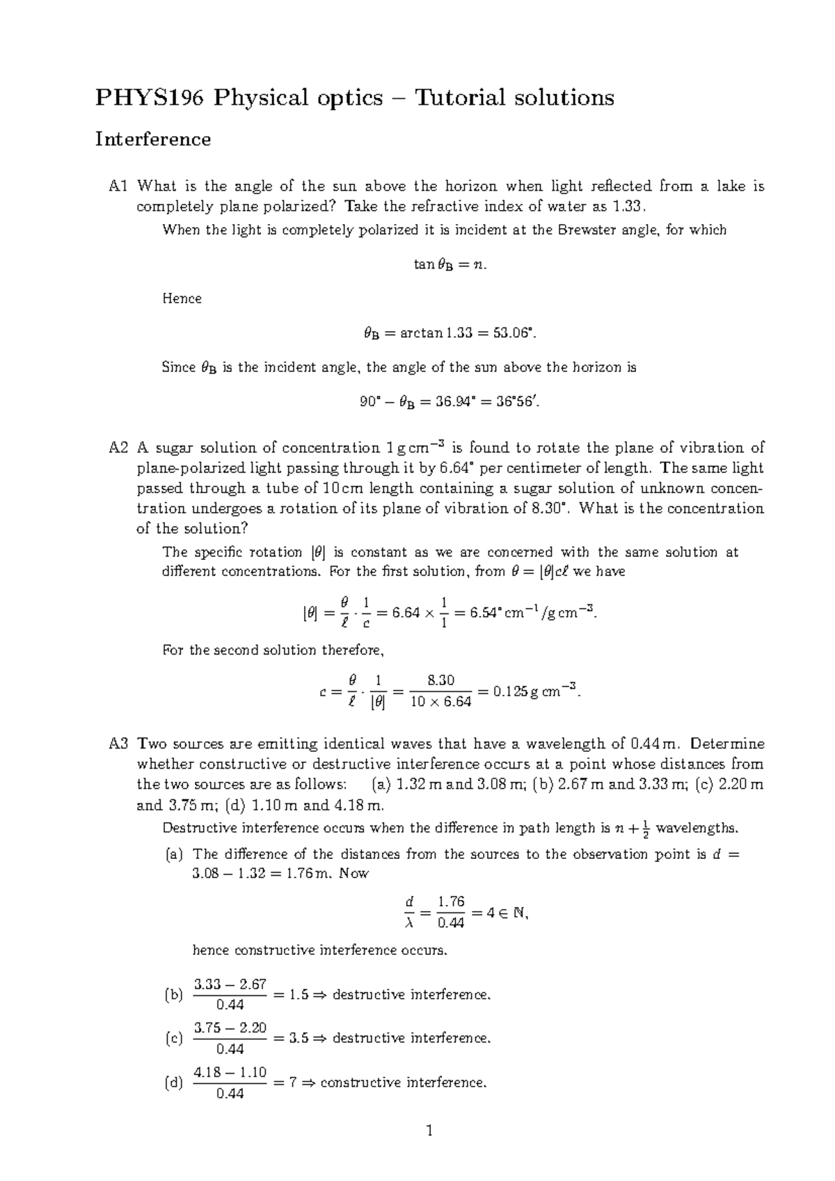 PHYS196 Physical Optics Tutorial Solutions on Interference and ...