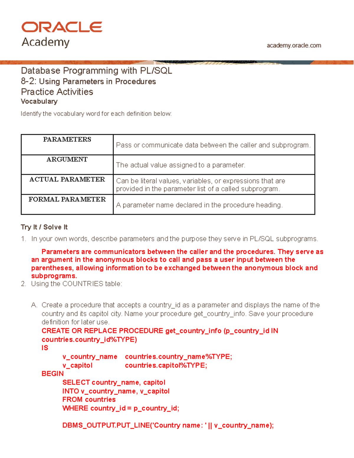 Database Programming: Parameters in Procedures Practice Activities ...