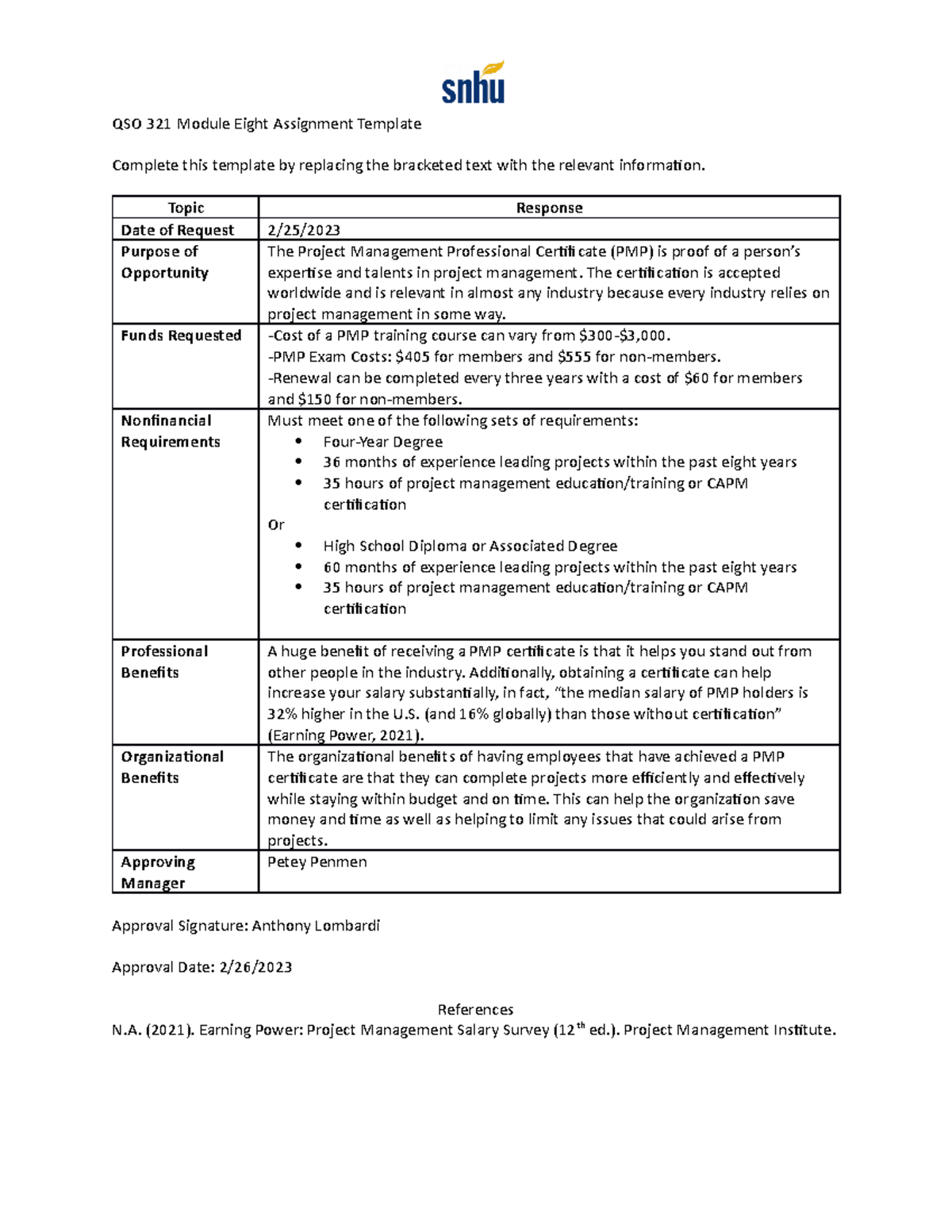 QSO 321 Module 8 Assignment: PMP Funding & Benefits Overview - Studocu