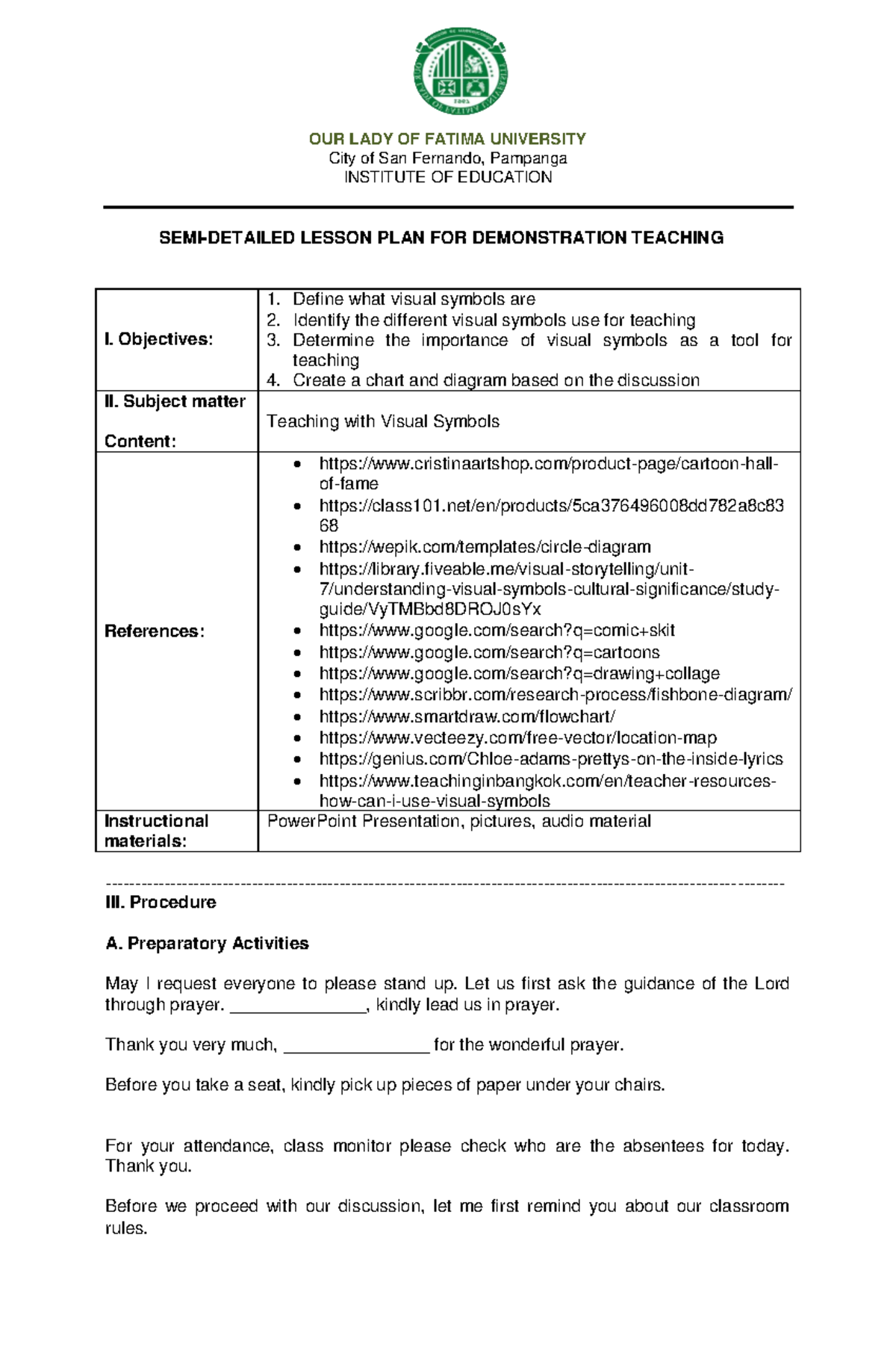 Semi-Detailed Lesson Plan on Teaching with Visual Symbols (Edu 101 ...