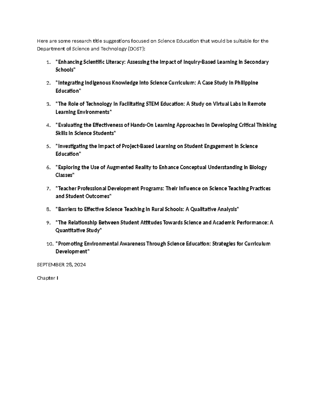 DOST Thesis: Research Title Suggestions for Science Education - Studocu