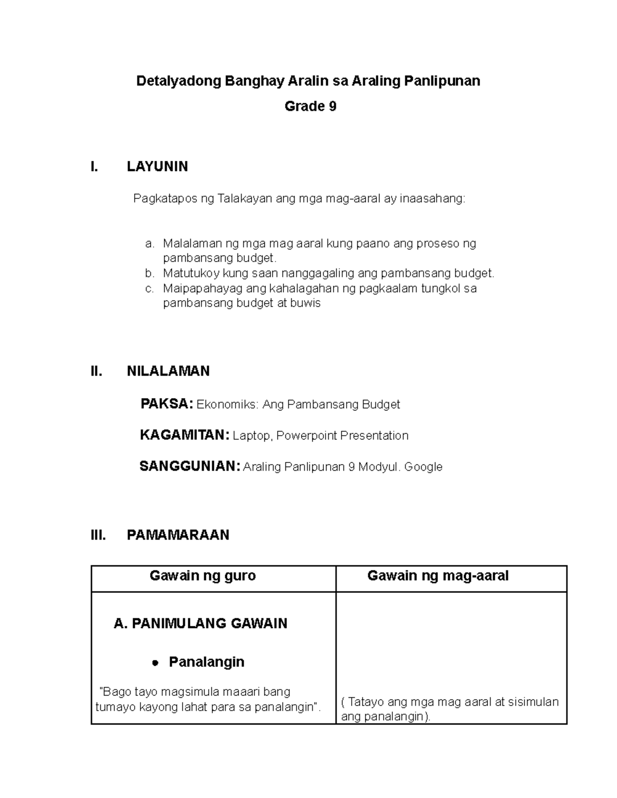 Detailed Lesson Plan: Pambansang Budget for AP 9 Class - Studocu