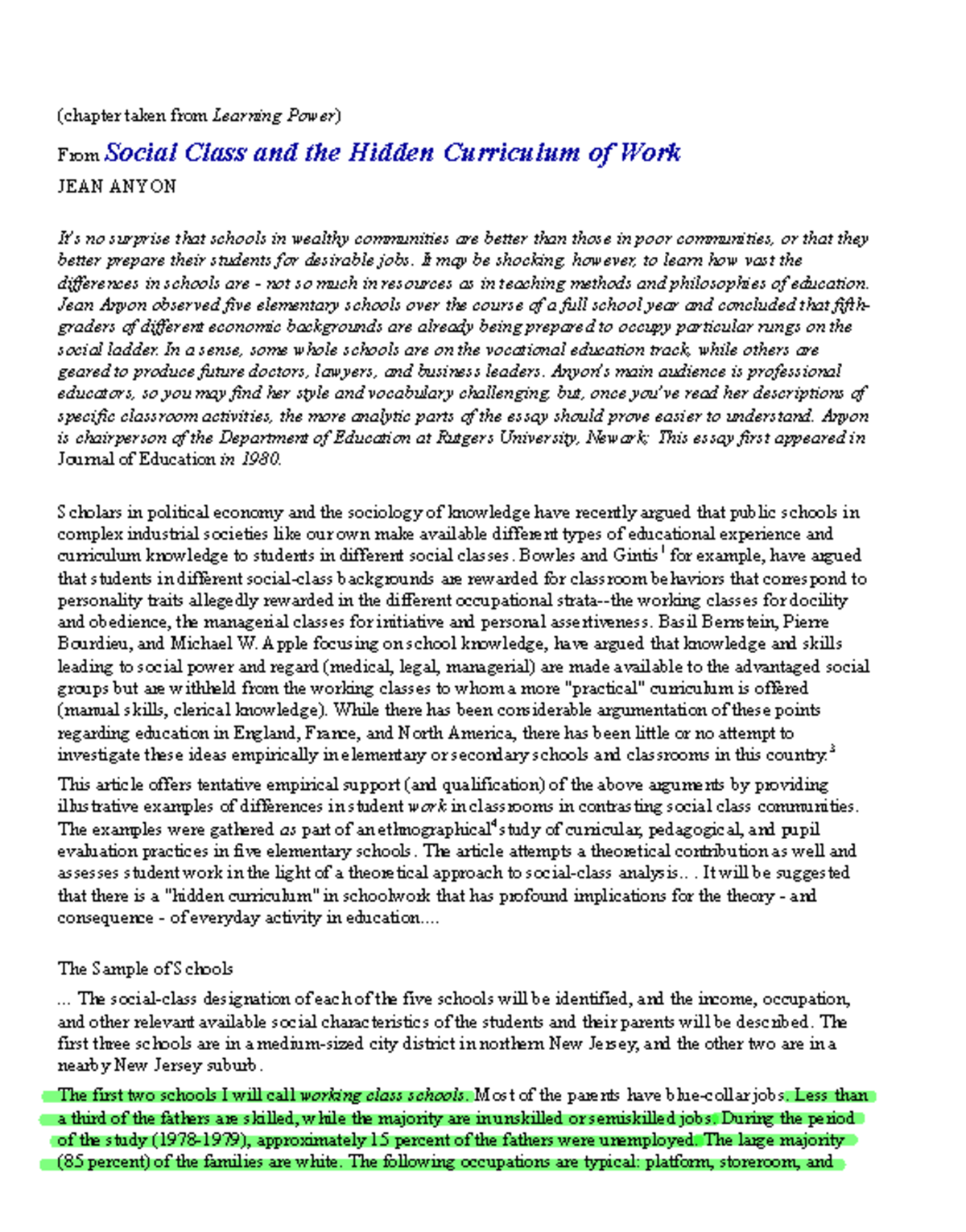 "EDUC 303: Social Class Dynamics Explored Through Hidden Curriculum ...