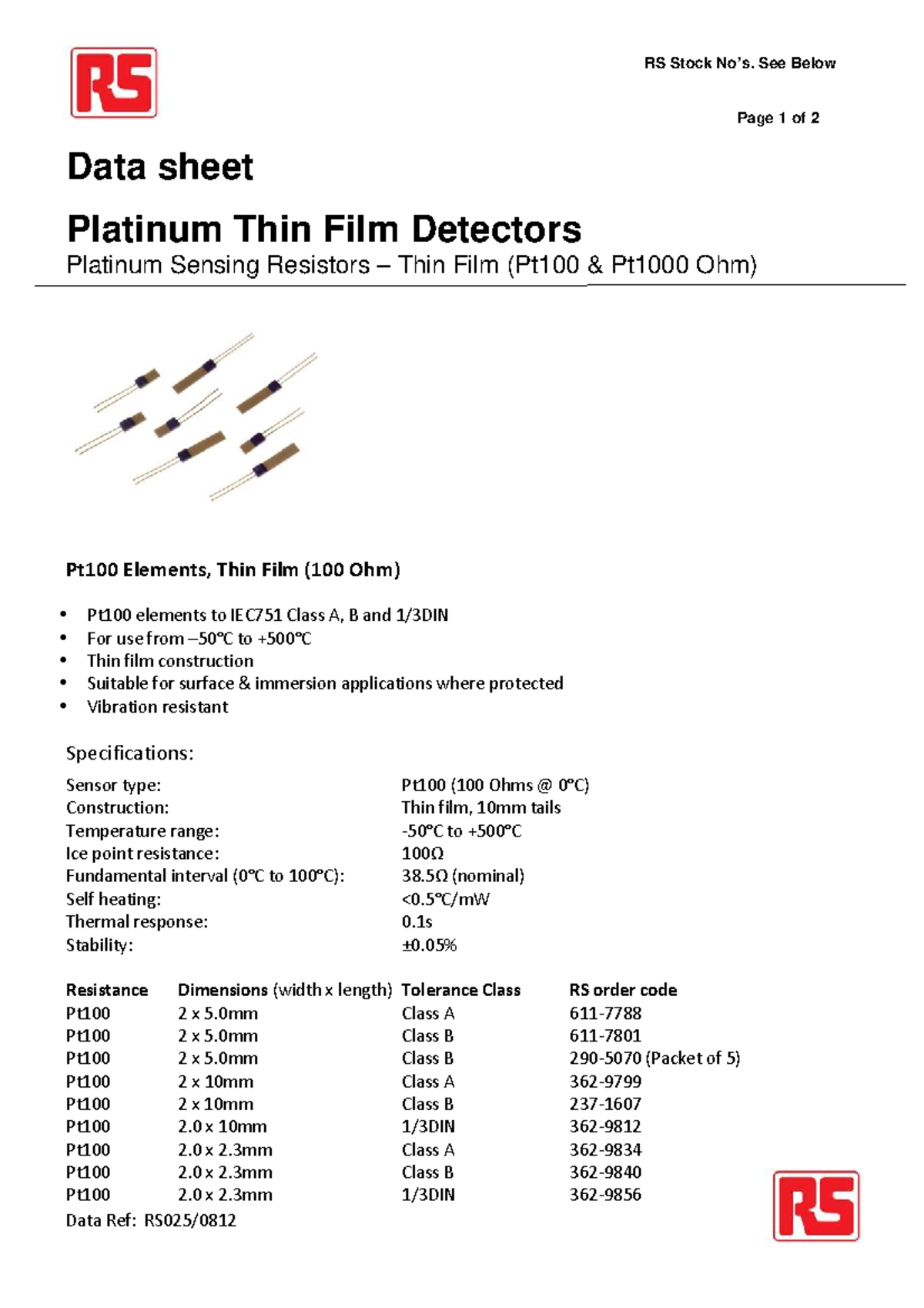 PT100 RTD Specifications & Data Sheet for Platinum Sensors - Studocu