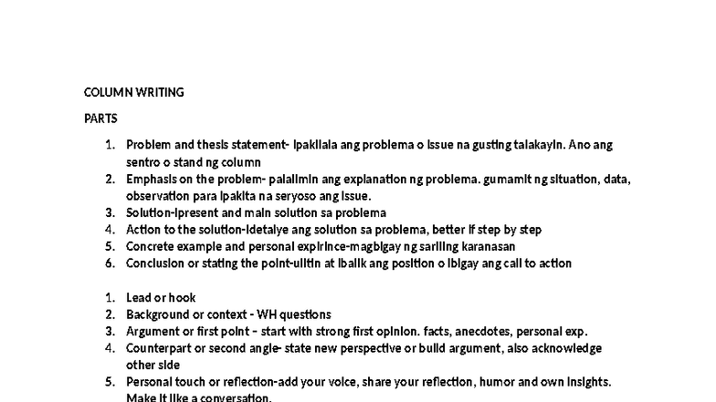 Column Writing Techniques - JOURNALISM LECTURE - Studocu