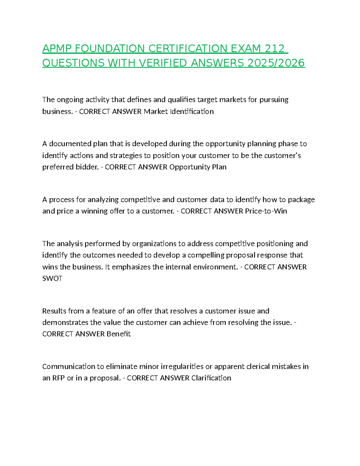 APMP Foundation Certification Exam 212: Verified Answers 2025 - Studocu