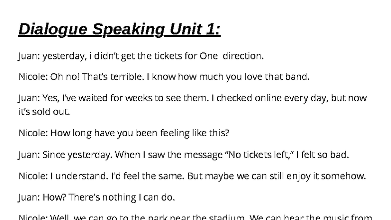 Dialogue Speaking Unit 1: Juan and Nicole's Concert Plan - Studocu