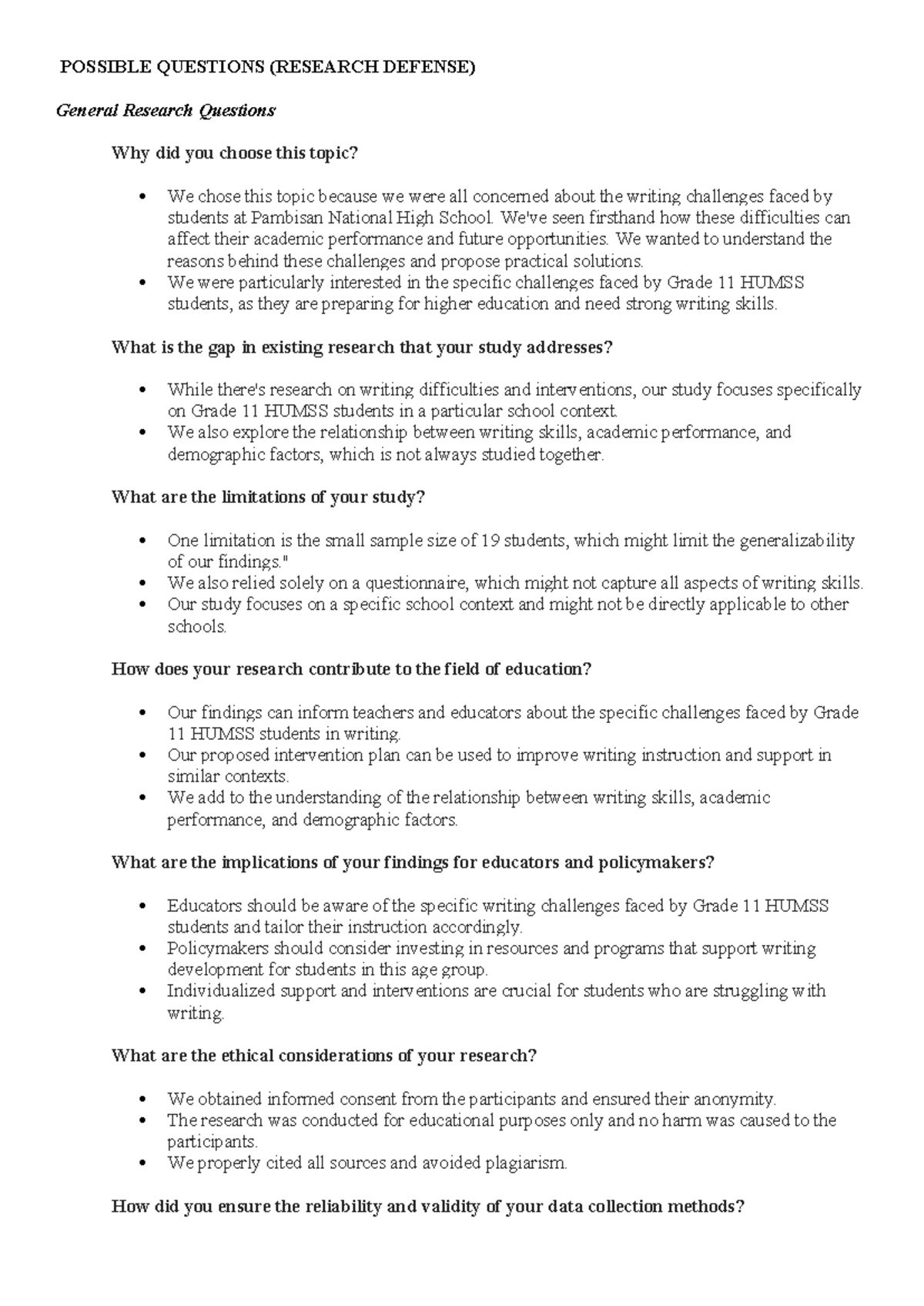 Possible- Questions - Ans and question - POSSIBLE QUESTIONS (RESEARCH ...