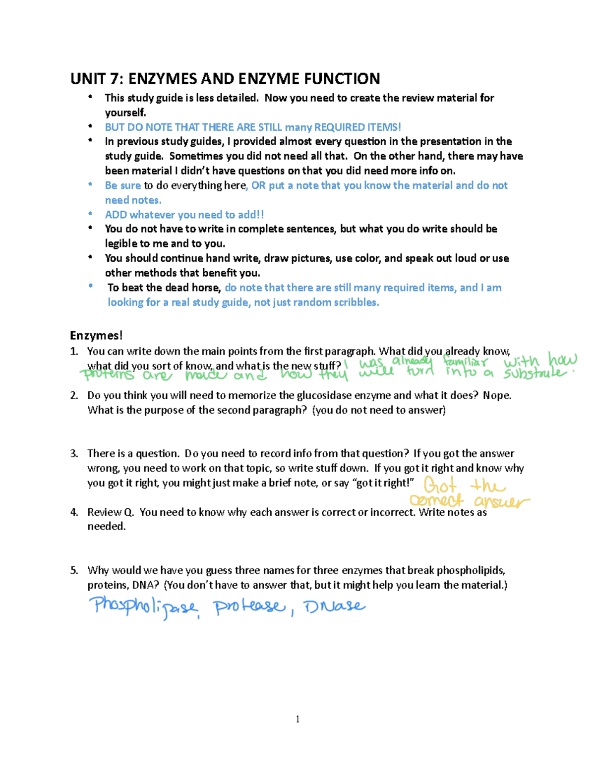 Daniela Diaz Unit 7Bio 1140L Unit 7 Enzymes Study Guide 11-23-20 - UNIT ...