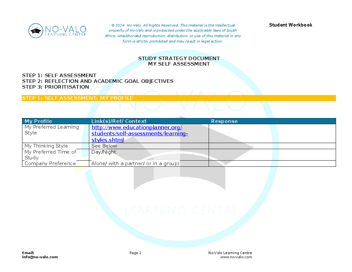 Study Strategy Workbook for Self-Assessment & Academic Goals - Studocu