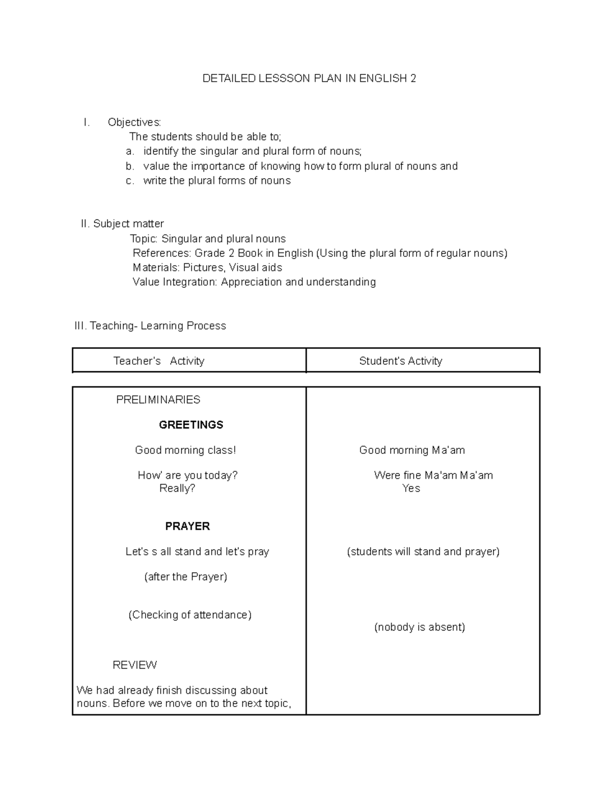 EN2 Lesson Plan: Singular and Plural Nouns Overview and Activities ...