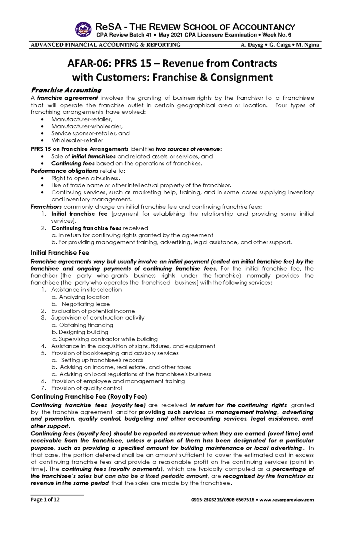 AFAR Preweek - RESA (B44) - ReSA - THE REVIEW SCHOOL OF ACCOUNTANCY CPA Review Batch 44 Oct 2022 ...