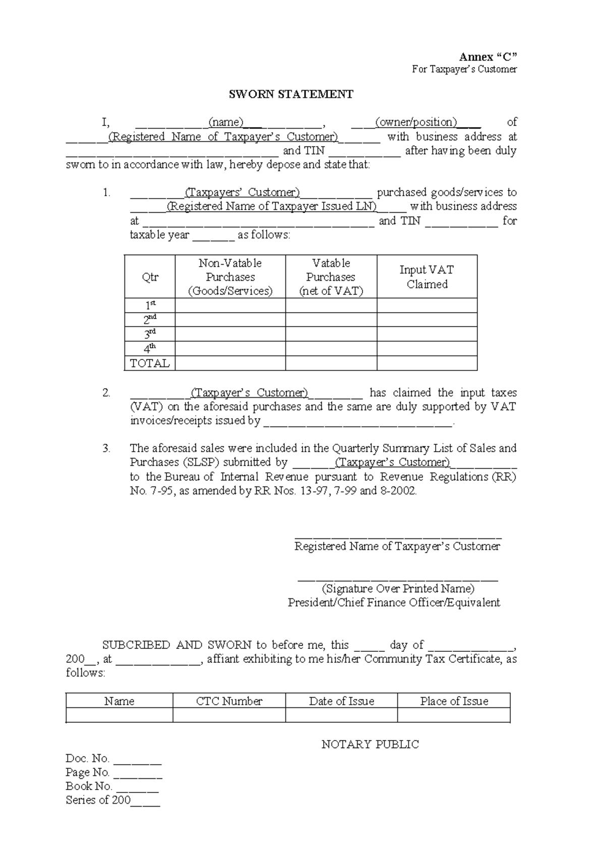 Annex for Customer SWORN STATEMENT - Form 14594 RMO04 46C - Studocu