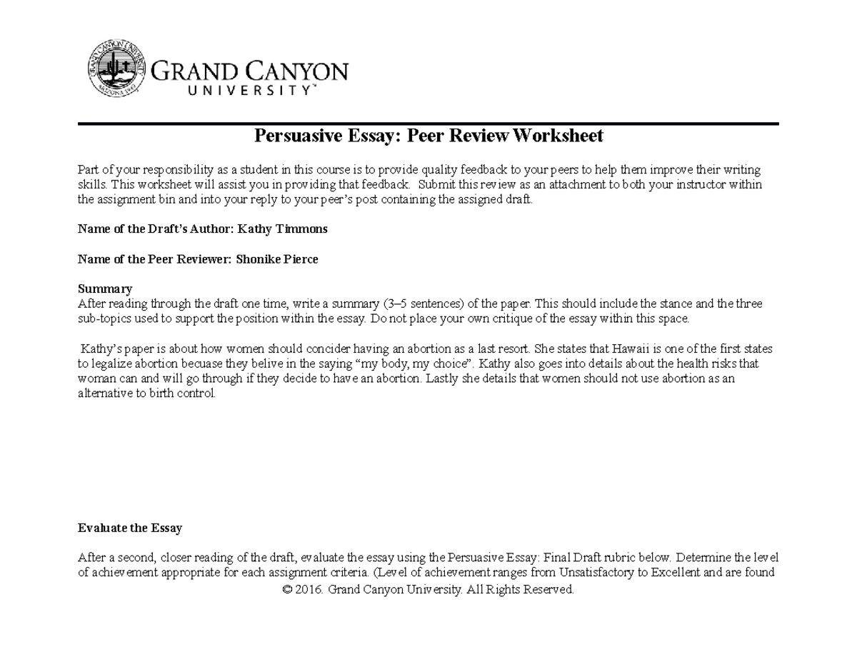 PHI-105 T-6 Persuasive Essay Peer Review Feedback Worksheet - Studocu
