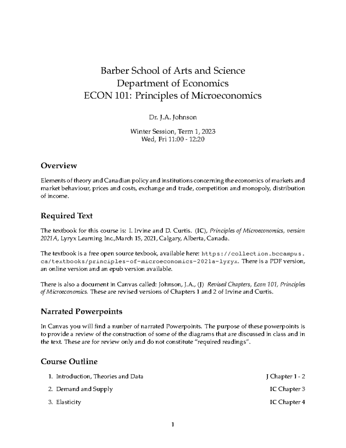 ECON 101: Principles of Microeconomics Course Outline - Winter 2023 ...