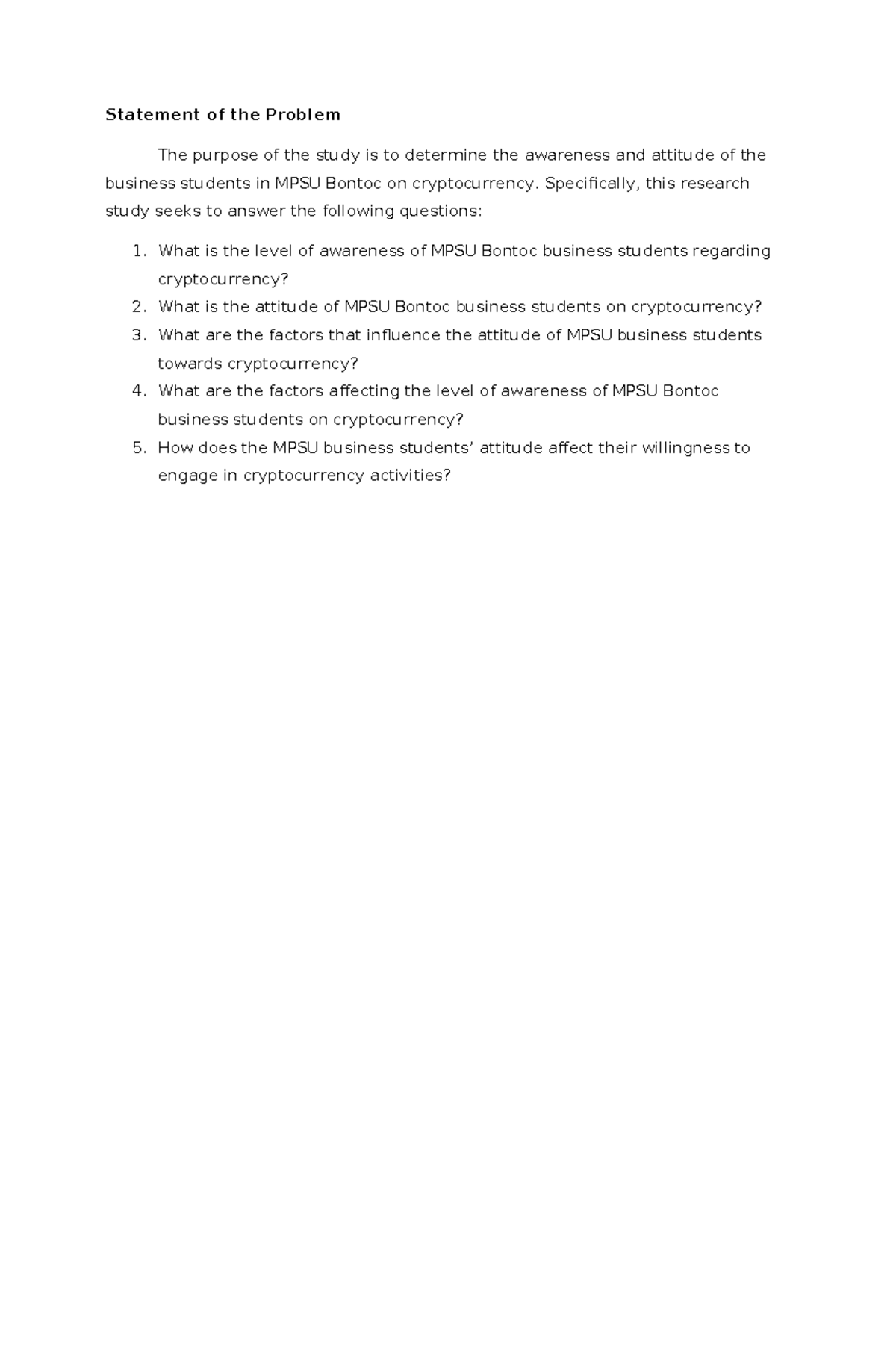 Statement of the Problem - Specifically, this research study seeks to ...