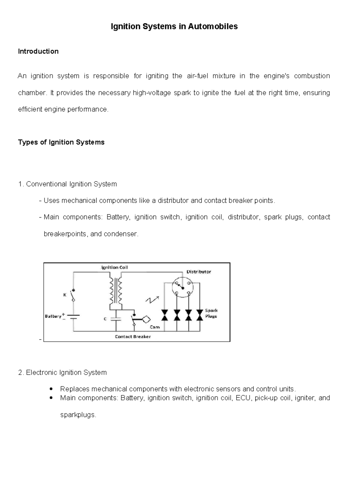 Ignition Systems in Automobiles: Overview and Types - Studocu
