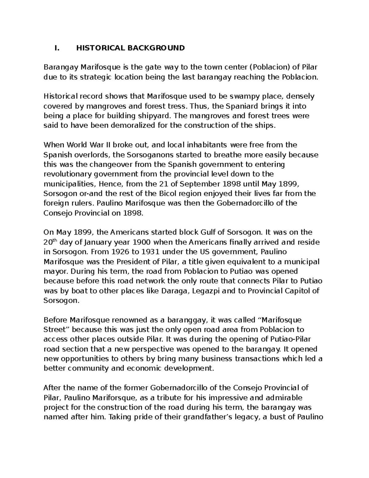 History of Barangay Marifosque: A Gateway to Pilar's Past - Studocu